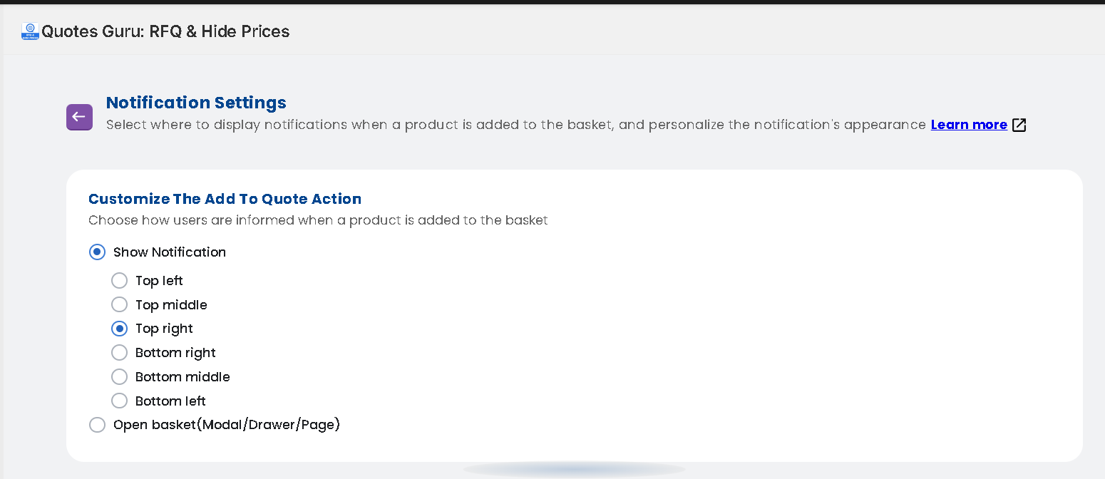 Notification Settings for Basket – Quotes Guru: RFQ & Hide Prices